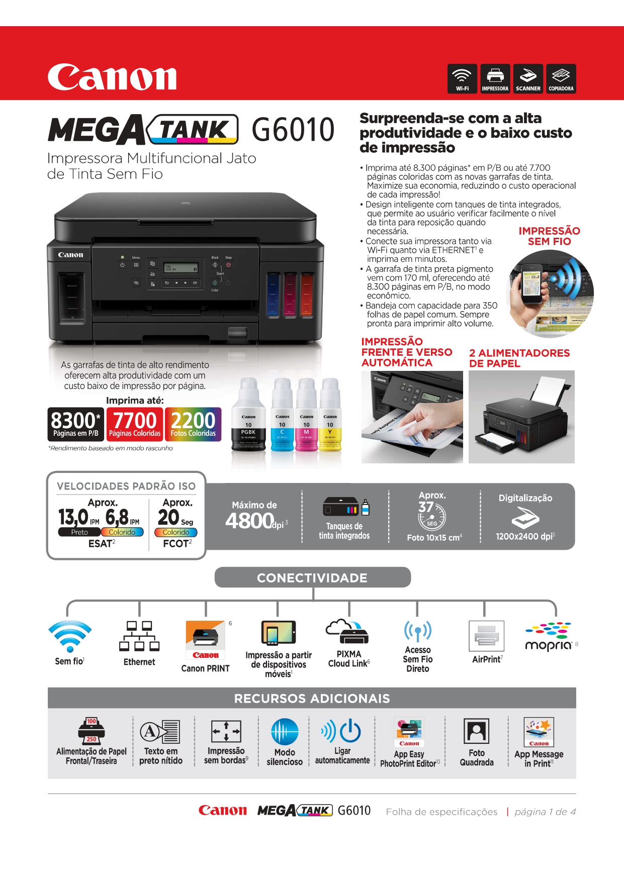 Impressora Multifuncional Canon, MegaTank G6010, Wireless, Jato de ...