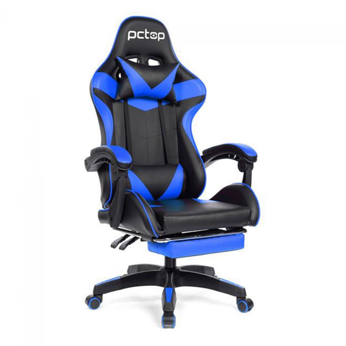 Cadeira Gamer PCTop Racer, Reclinável, Preta e Azul, Suporta Até 120KG