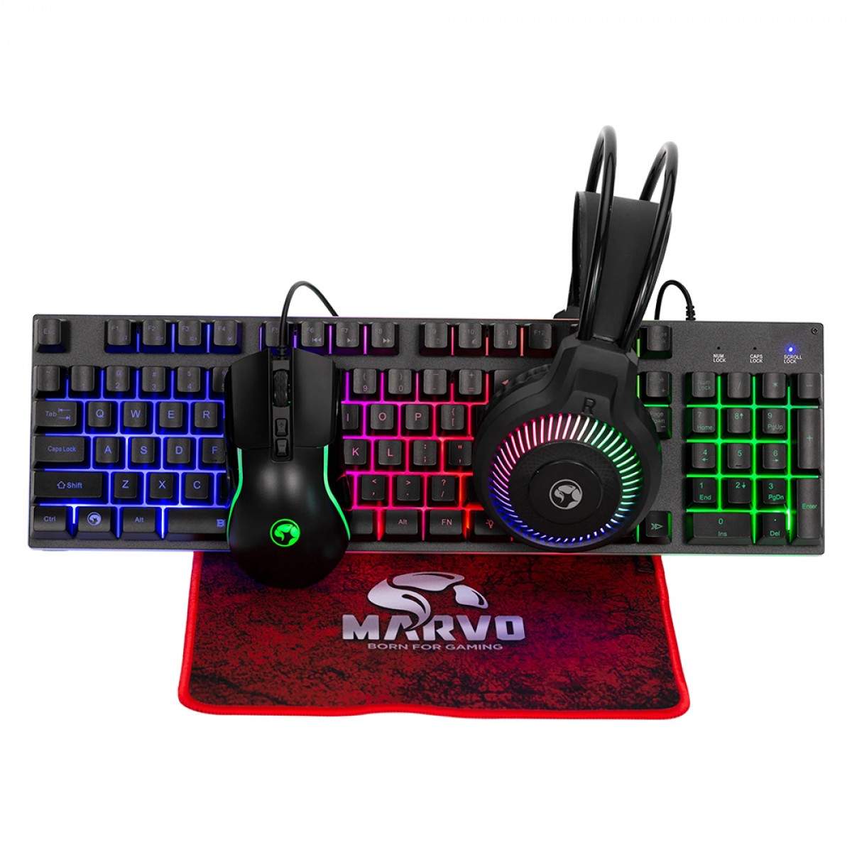 Combo Gamer Marvo CM416 4 em 1, Headset, Teclado, Mouse e Mousepad, RGB, Preto, CM416 EN