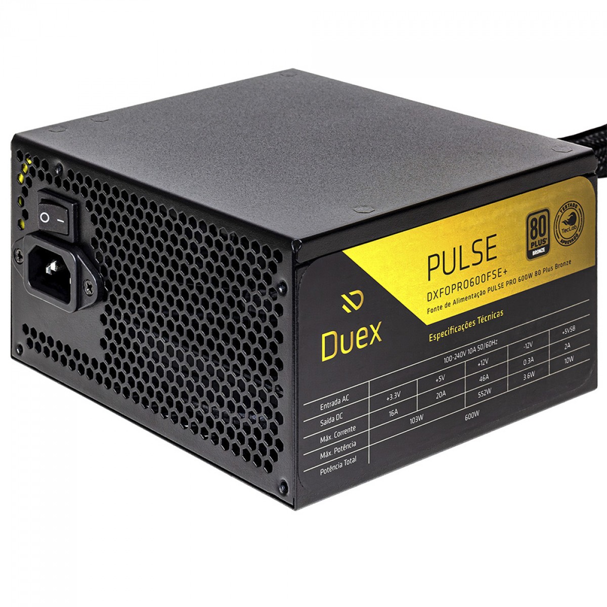 Fonte Duex Pulse Pro, 600W, 80 Plus Bronze, TecLab, PFC Ativo, DXFOPRO600FSE+