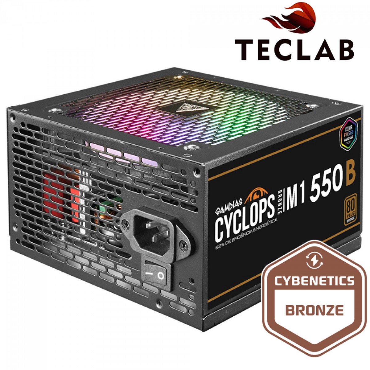 Fonte Gamdias Cyclops M1-550B, 550W, RGB, 80 Plus Bronze, Cybenetics, Teclab, PFC Ativo, Cabos Flat