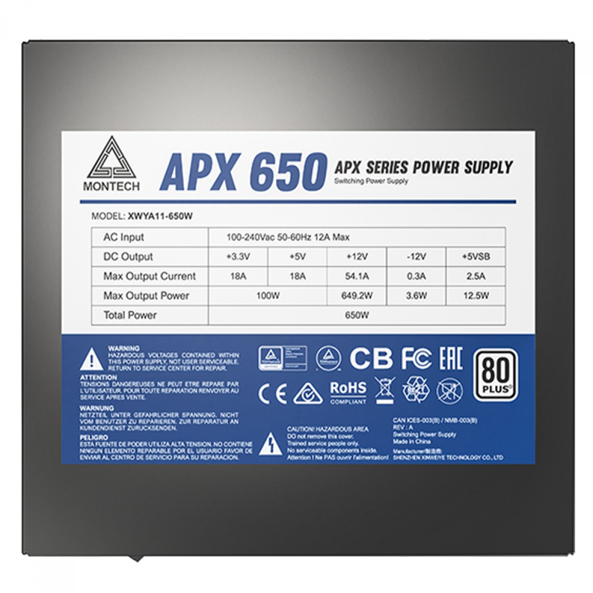 Fonte Montech APX650, 650W, 80 Plus White, PFC Ativo, Preto