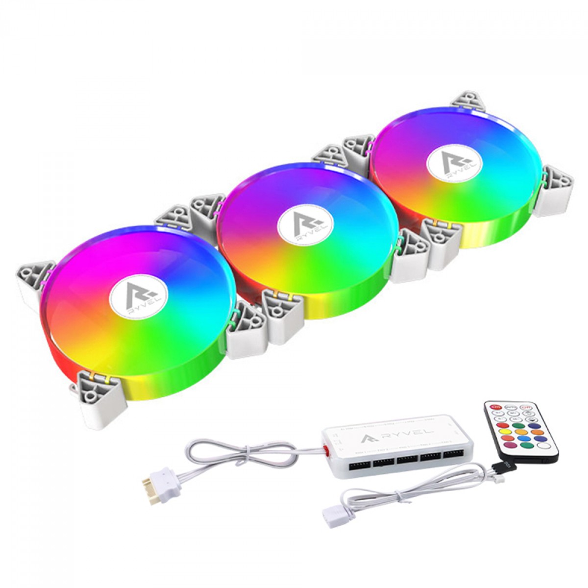 Kit Fan Com 3 Unidades Ryvel Snowy White, ARGB, 120mm, Com Controladora, Branco, RY-FN-SW-WT