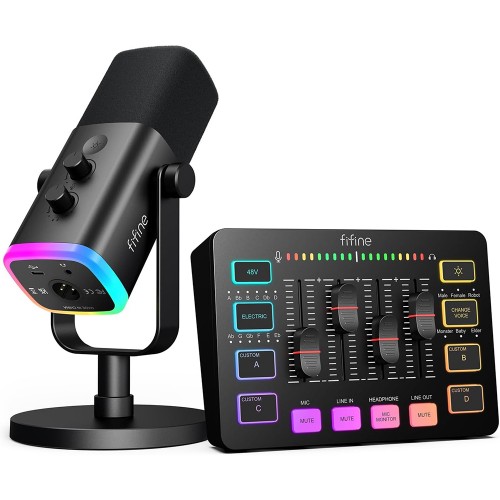 Kit Fifine Ampligame KS5 RGB Microfone e Mixer XLR | Terabyte
